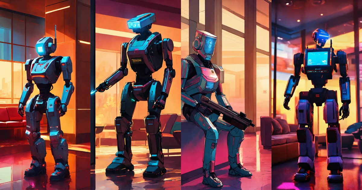 Lexica - Cyberpunk security robot in a hotel lobby, GTA poster art ...