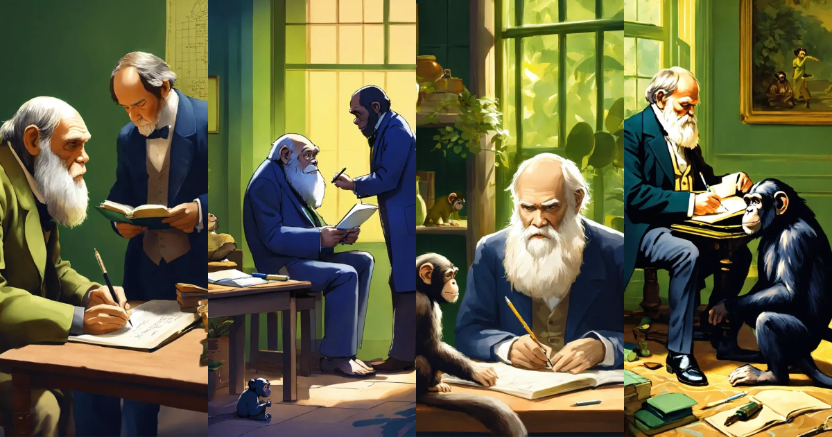 Lexica - Charles Darwin teaching a chimpanzee to write. cartoonish ...