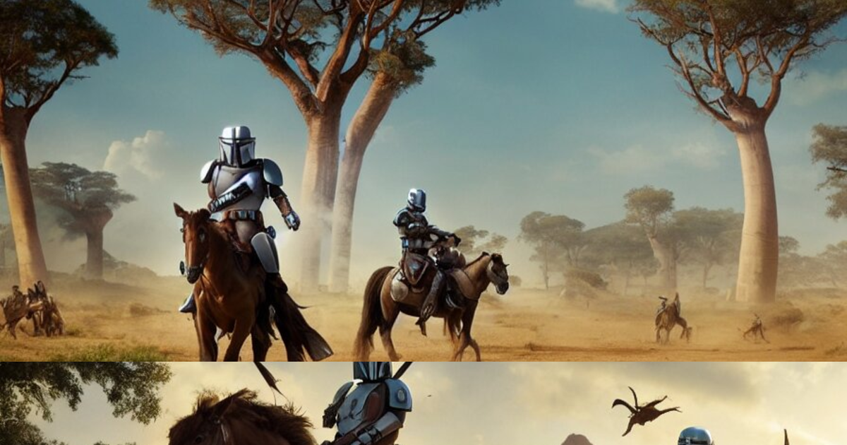 Lexica - Mandalorian riding a horse alone, madagascar with baobabs ...