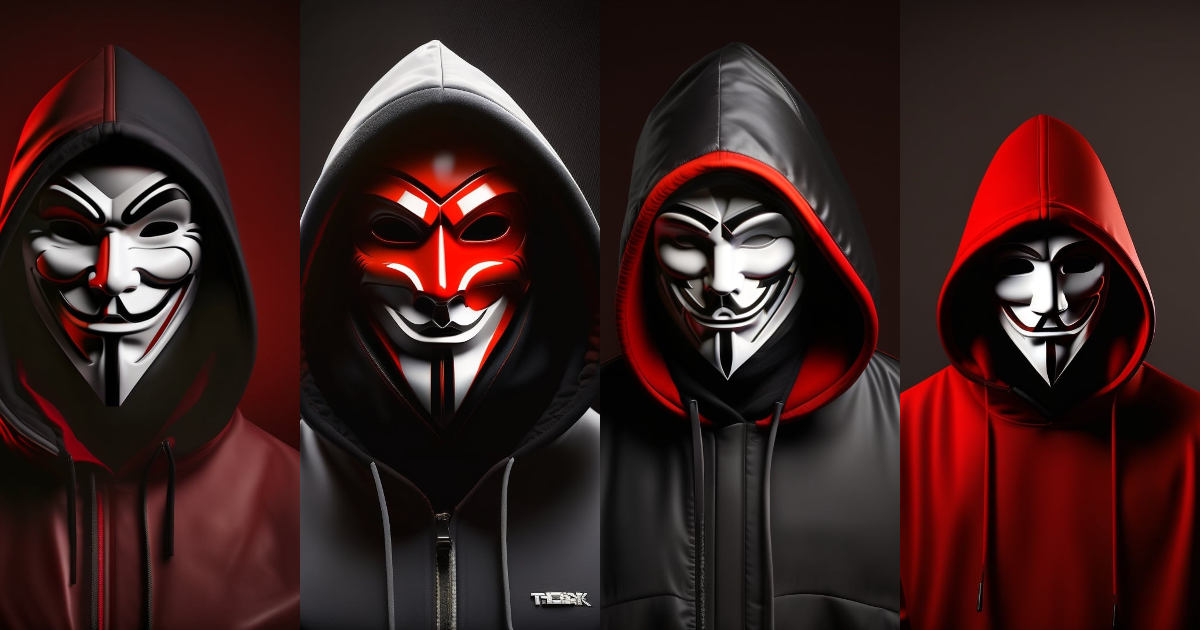 Lexica - Anonymous, black background, hood, look ahead, angry ...