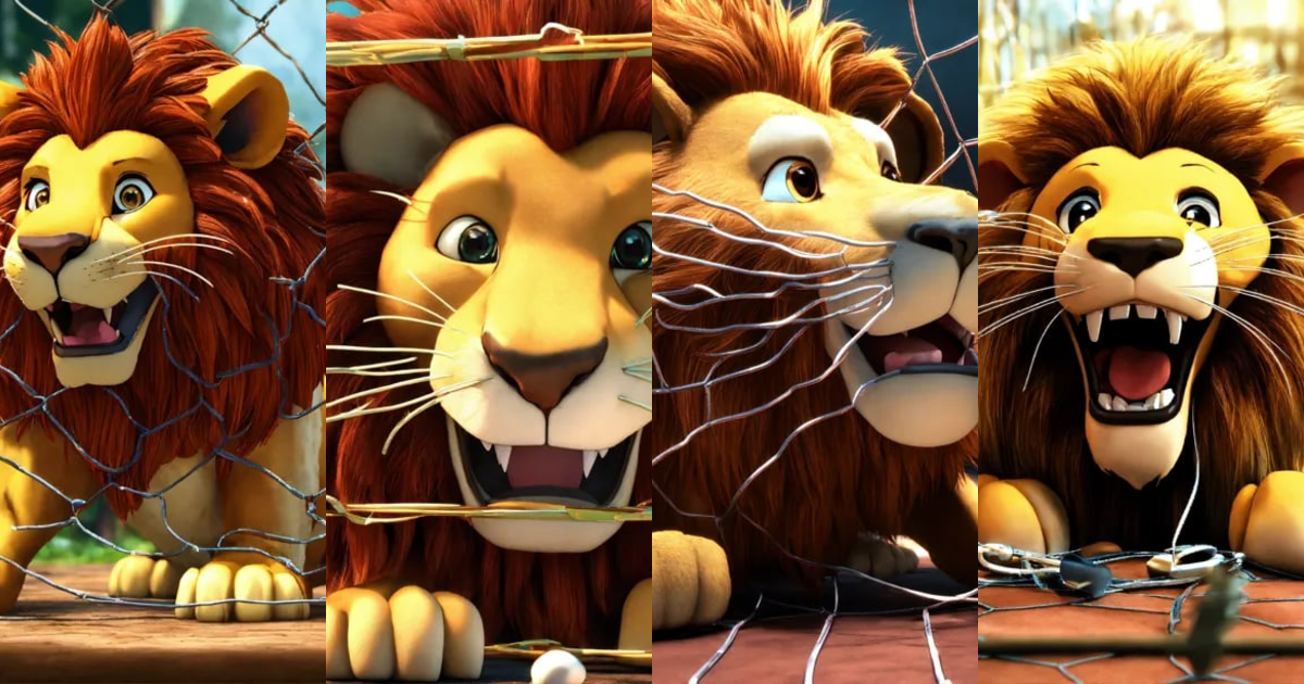 Lexica - Cartoon 3d big lion trapped in net and mouse cutting net by ...