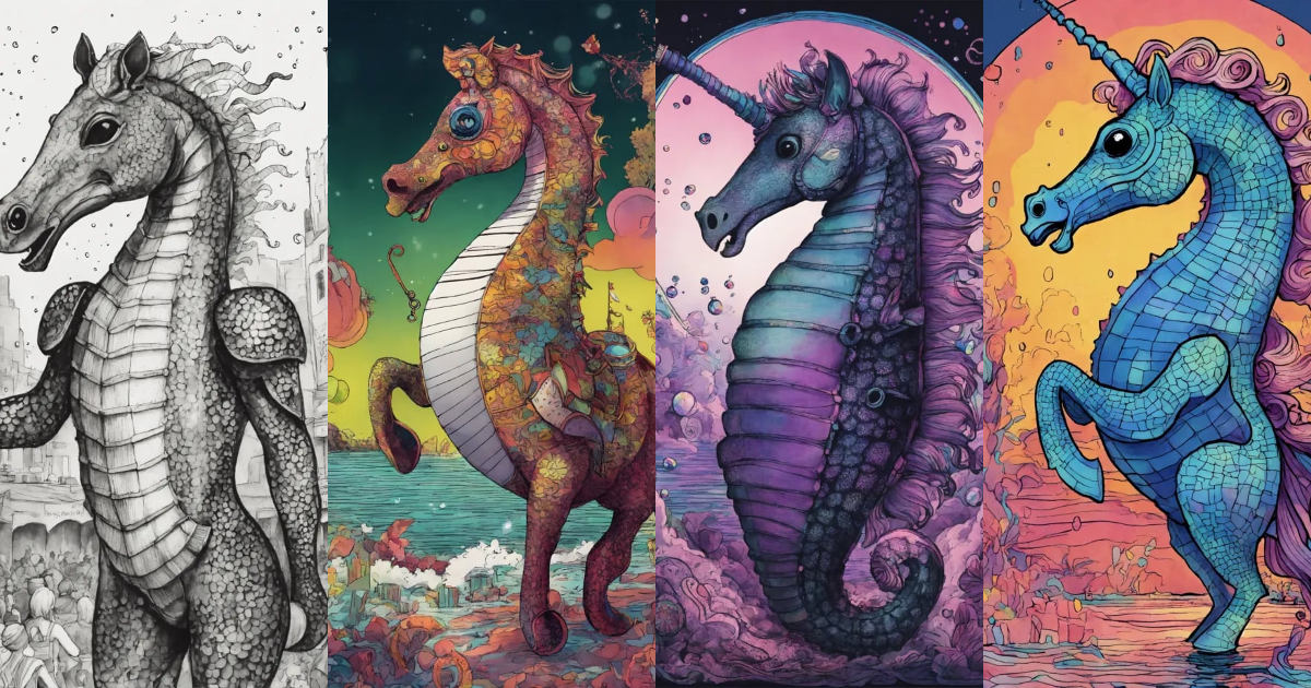 Lexica - An ink drawing of an anthropomorphic sea horse at a rave