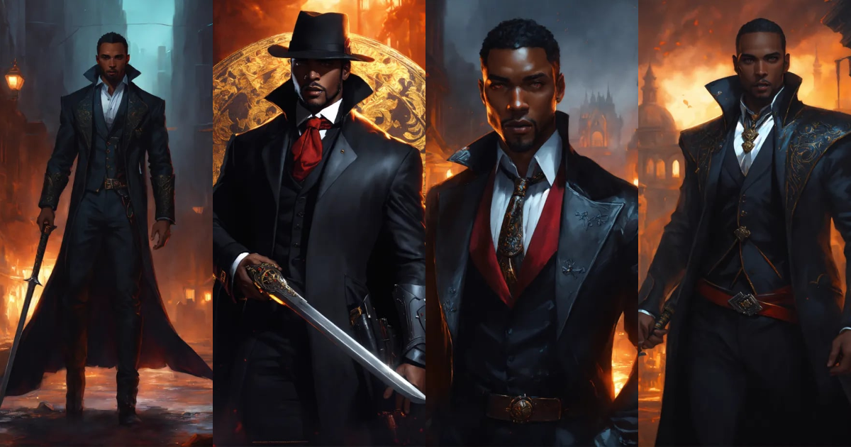 Lexica - Handsome Black Man vampire hunter in a black suit, and his ...