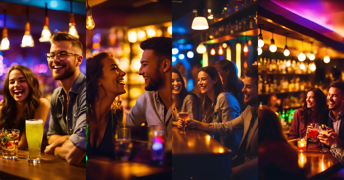 Lexica - Happy people trinking and laugh in a modern bar, behind is the ...