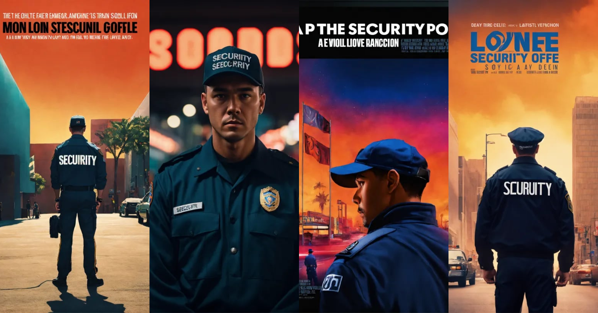 Lexica - A lone security officer wearing a dad hat, movie poster style