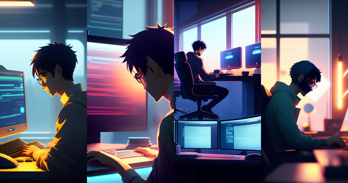 Lexica - A nerdy guy is programming at a computer in a room full of ...