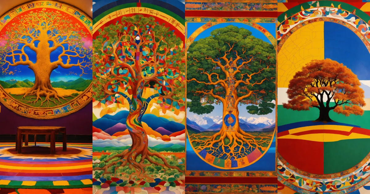 Lexica - The tree of life in Tibet with rainbow geometrical shape flooring