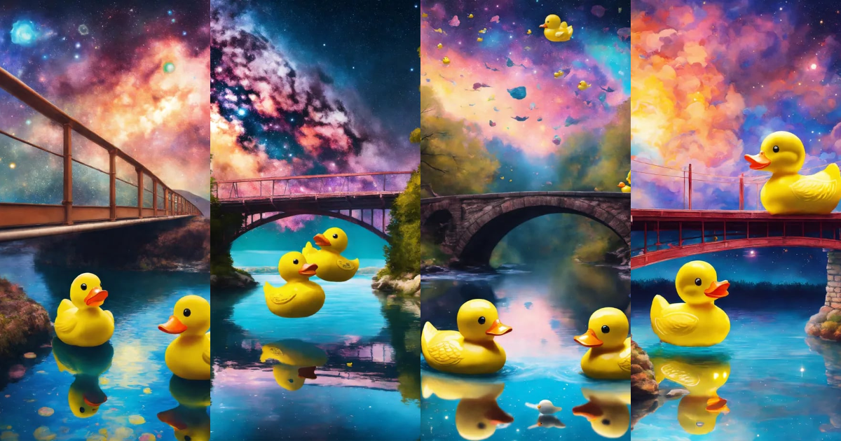 Lexica - 2 rubber ducks base jumping from a bridge, galaxy background ...