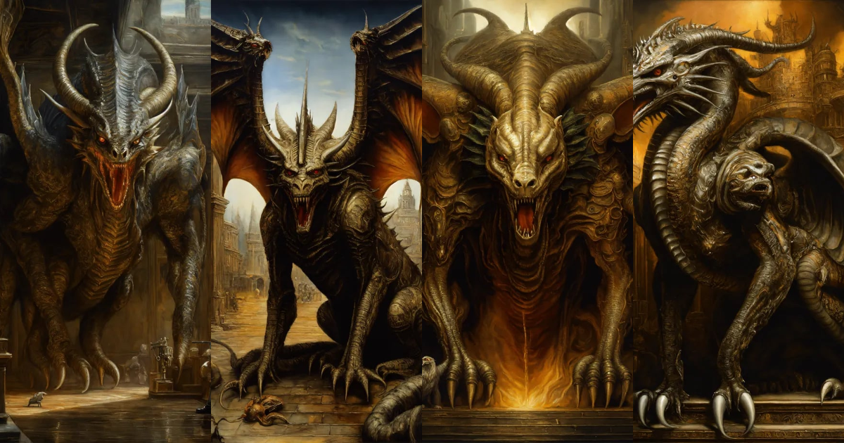 Lexica - An oil painting by H.R. Giger of a terrifying chimera, the ...