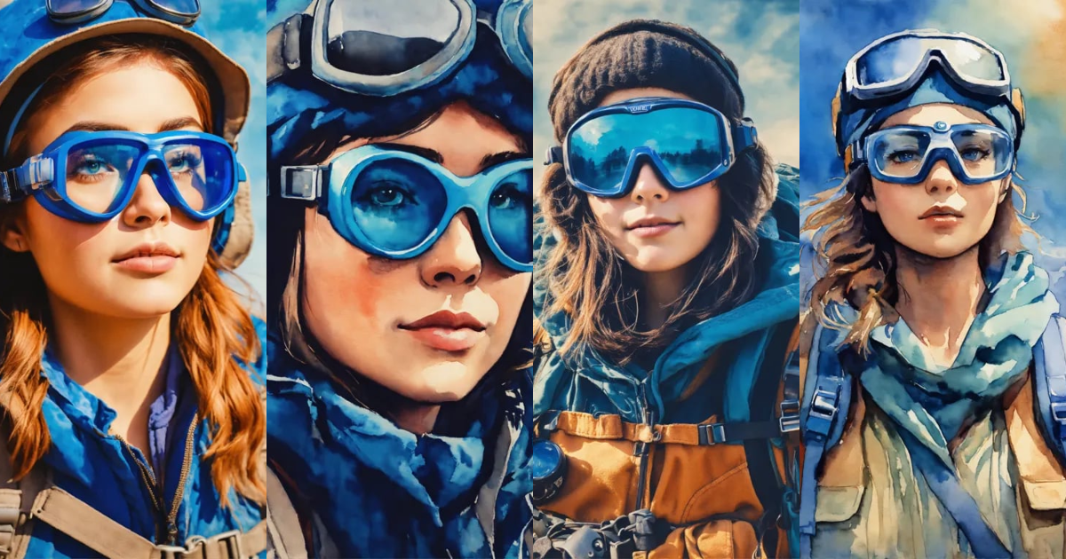Lexica - Beautiful watercolor style blue, adventurer with googles ...