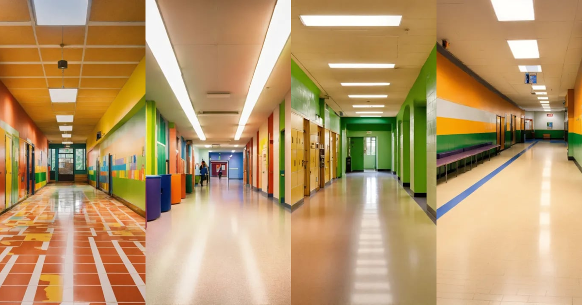 Lexica - A school hallway with large, smooth walls with a light tiled ...