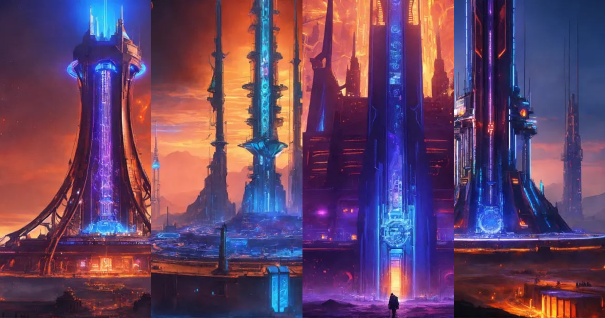 Lexica - Tall futuristic tower of Sauron, temple with coils and ...