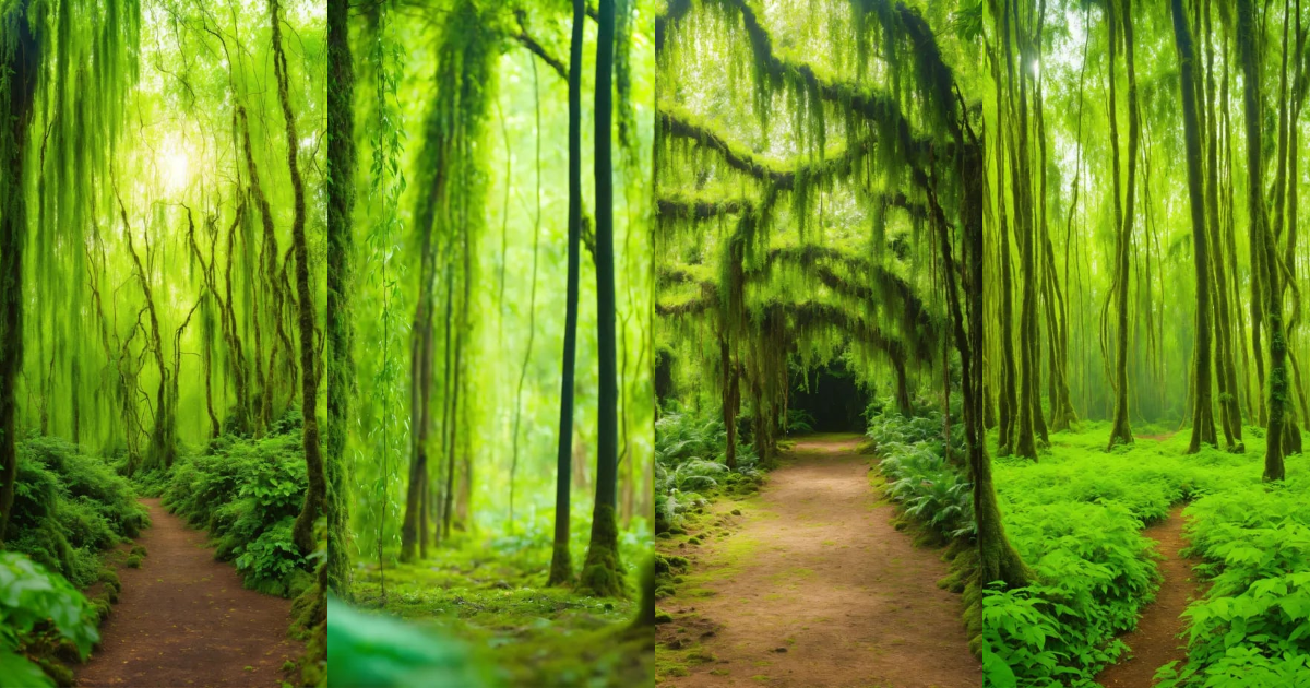 Lexica - A photo of a green forest, vines, weeping willows, moss ...