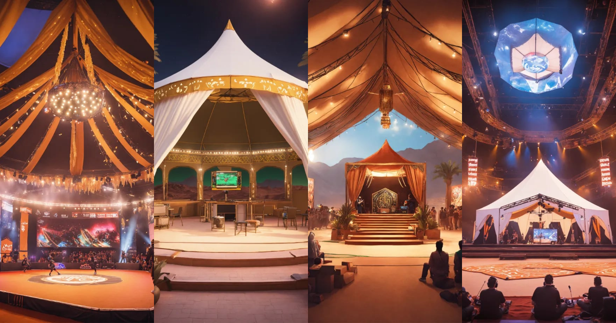 Lexica - Generate an image of a small esports venue's desert white tent ...