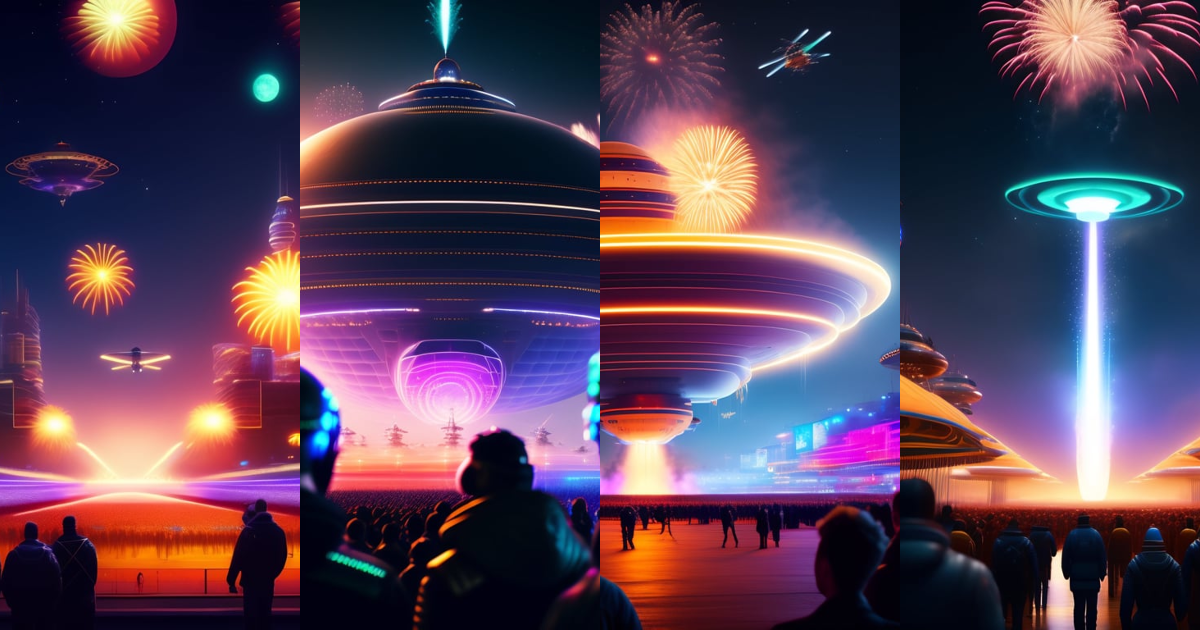 Lexica - A crowd of people and aliens celebrating, sci do, cybdrone ...