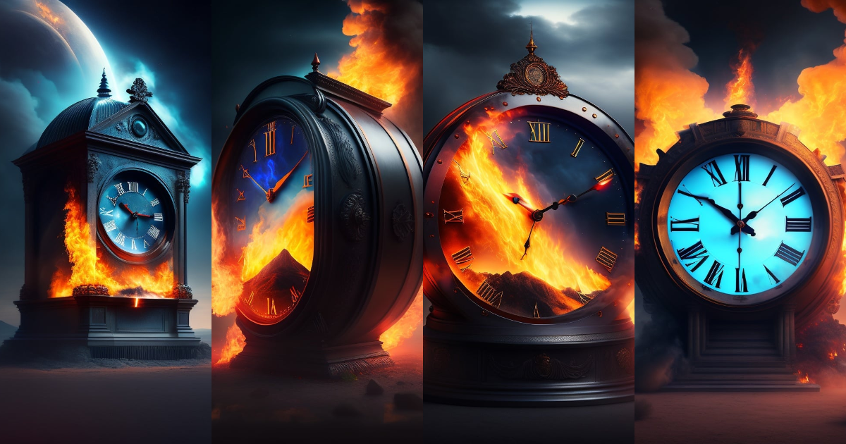 Lexica - Midnight clock on fire in apocalypse, 4k photo style