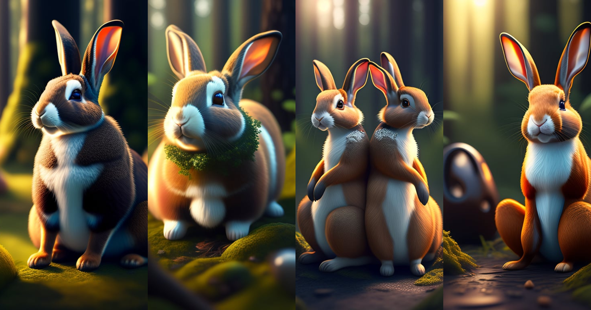 Lexica - Anthropomorphic rabbits sitting on the ground of a dark forest ...