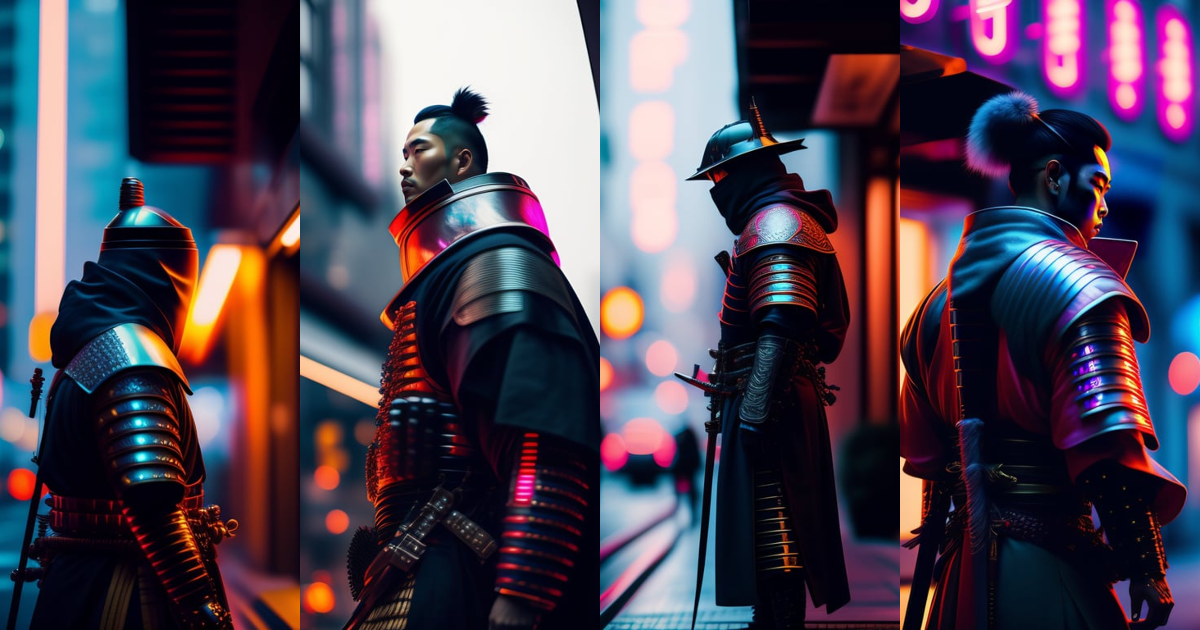 Lexica - Slow shutter speed photo of a cyberpunk samurai with neon ...