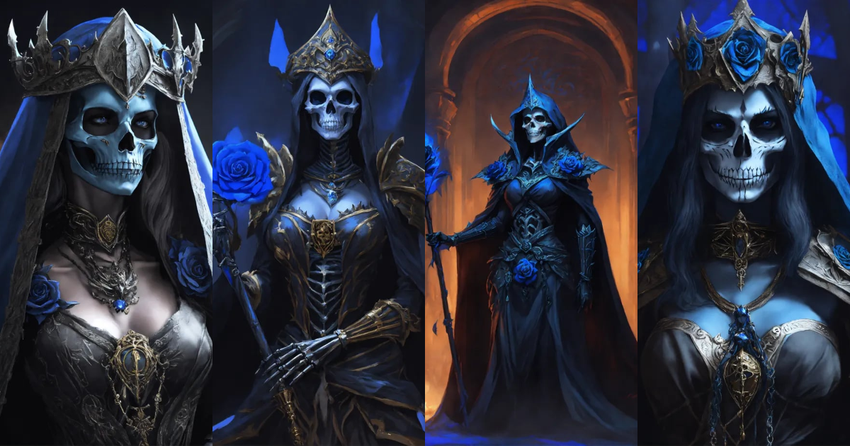 Lexica - Skeletal female lich queen with charcoal silk garbs covering her. A blue flag with a ...