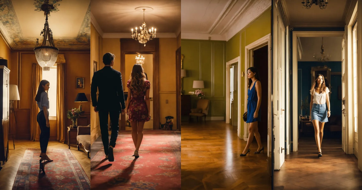 Lexica - Young woman walking into the room full of man
