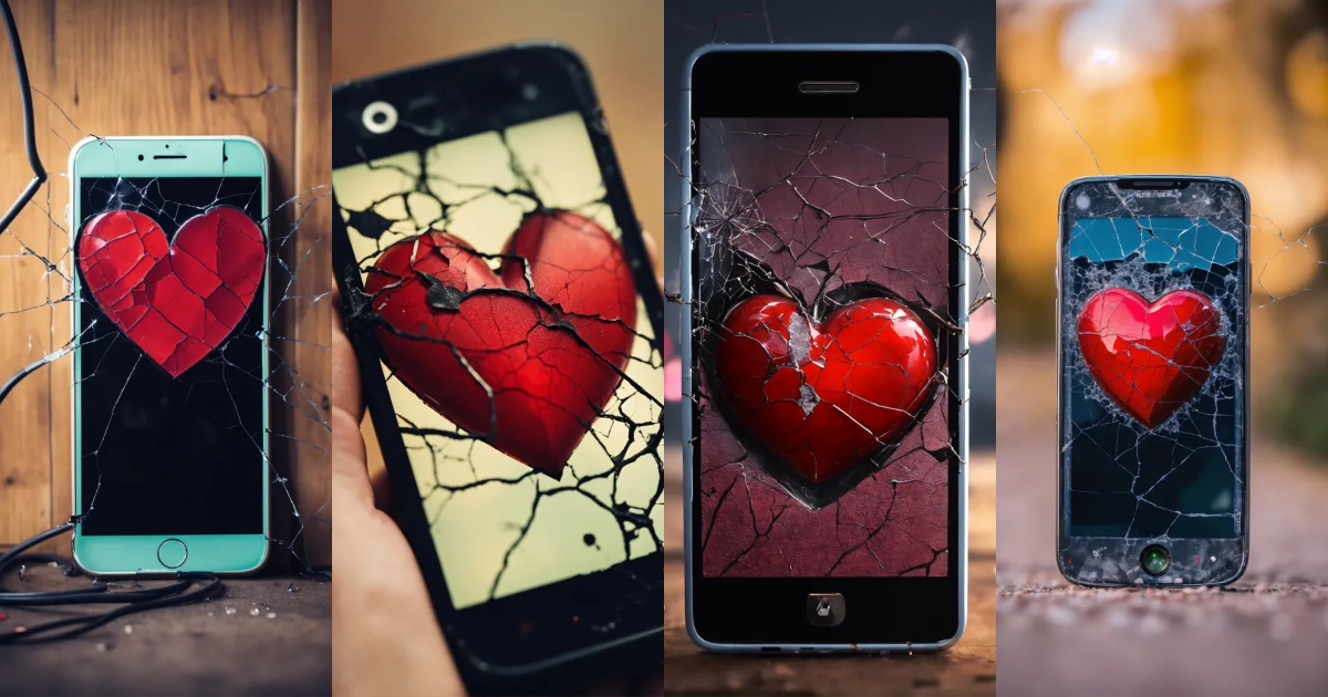 Lexica - A phone in shape of a heart ringing, broken heart, cracked screen