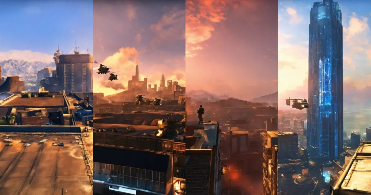Lexica - Skyscraper rooftop, call of duty, blue sky, video game, bright