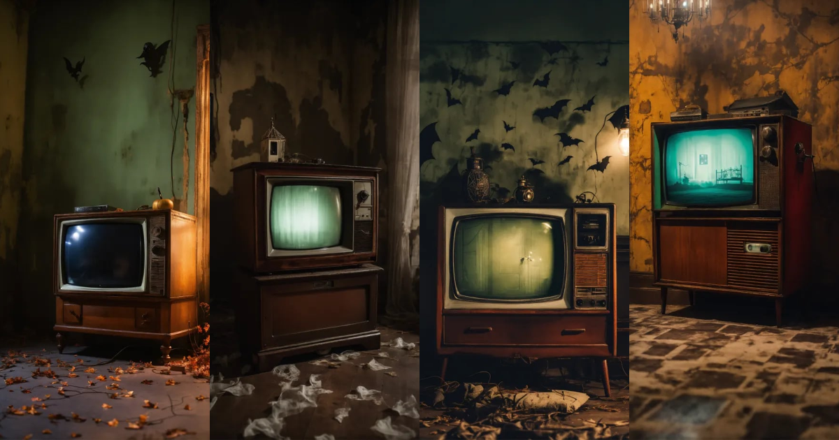 Lexica - In a spooky room in Haunted castle, an old TV set flickers in ...