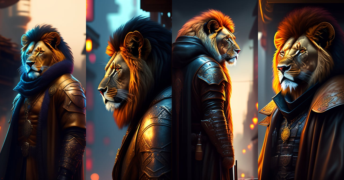 Lexica - Ronin lion entering a cyberpunk saloon