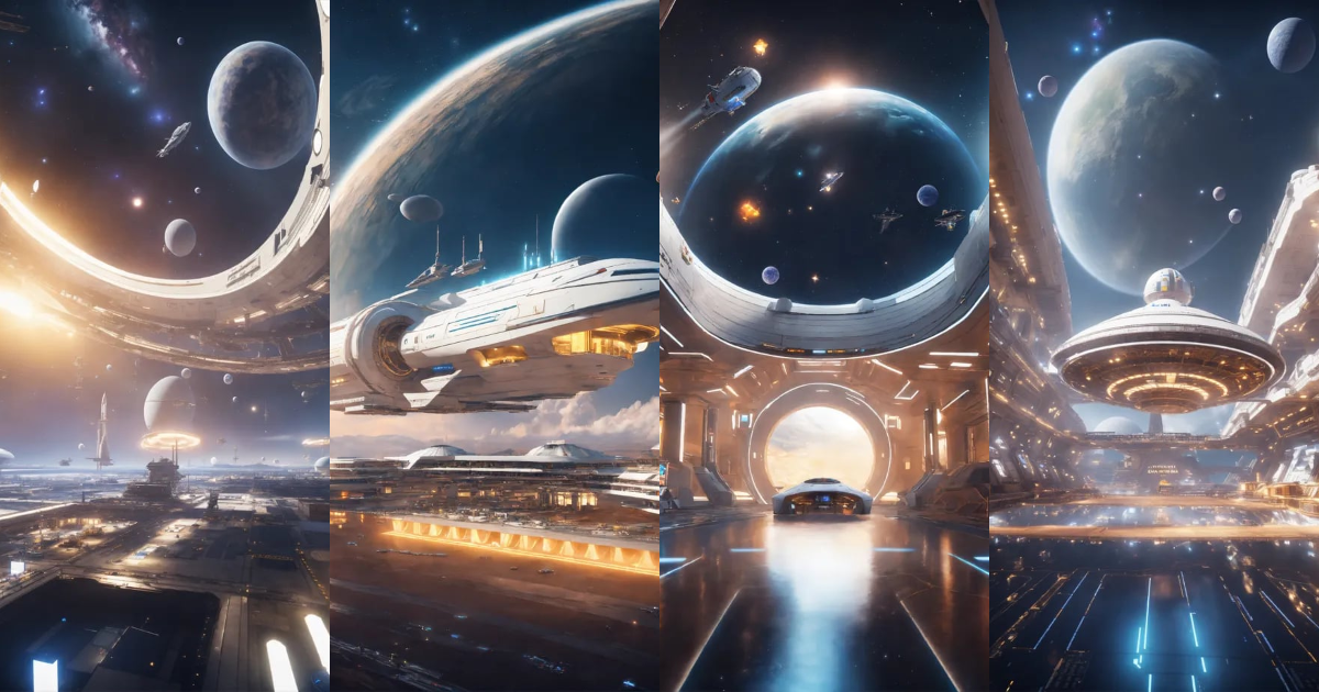 Lexica - Beautiful white spaceport flying floating in deep space ...