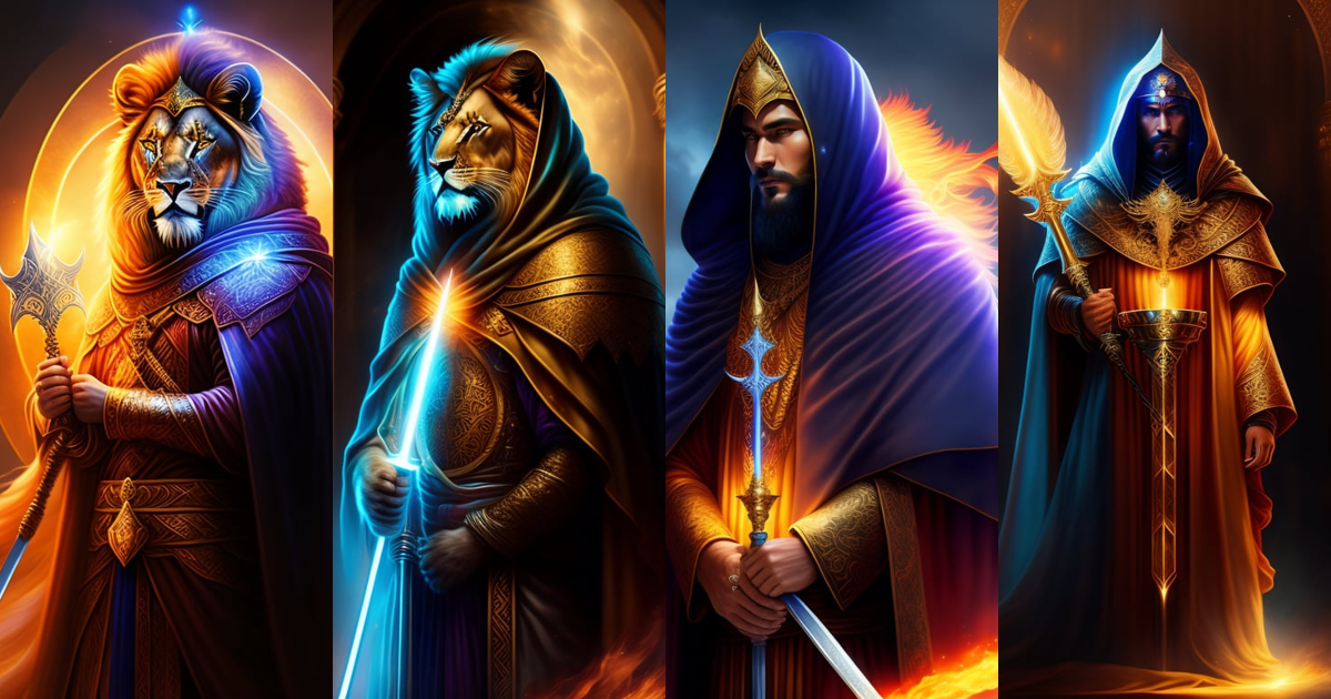 Lexica - Cloaked mage with a sword and a giant glowing divine lion ...