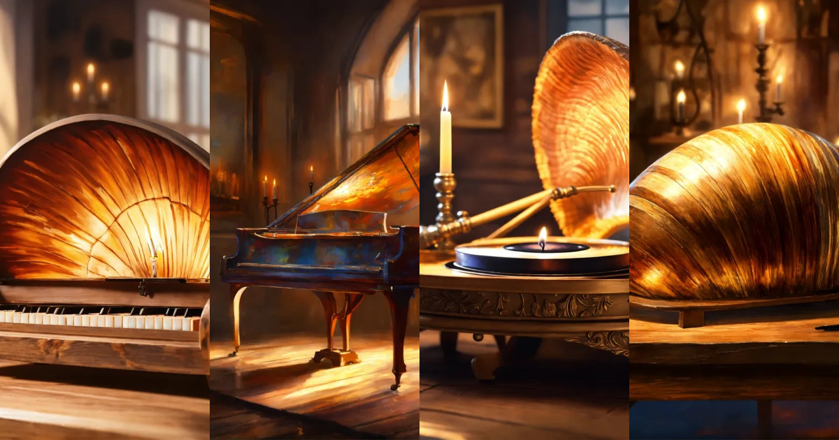 Lexica - Concept art of a music shell on a wooden table, candle lit ...