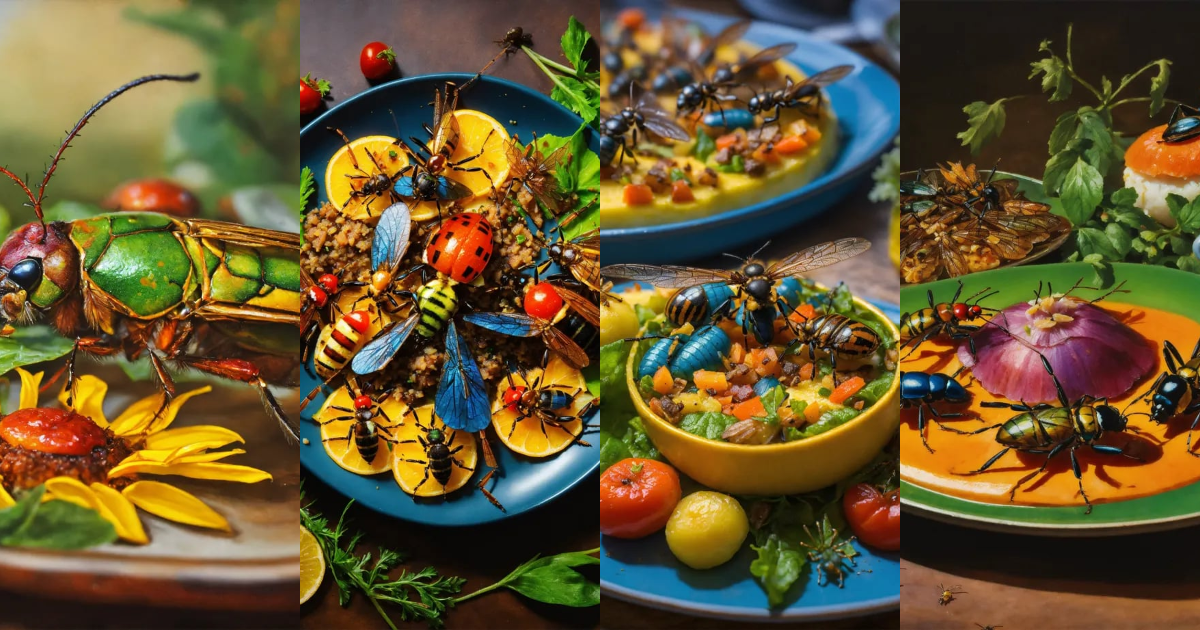 Lexica - Superrealist style, cooking insects on a plate, vivid colors, day