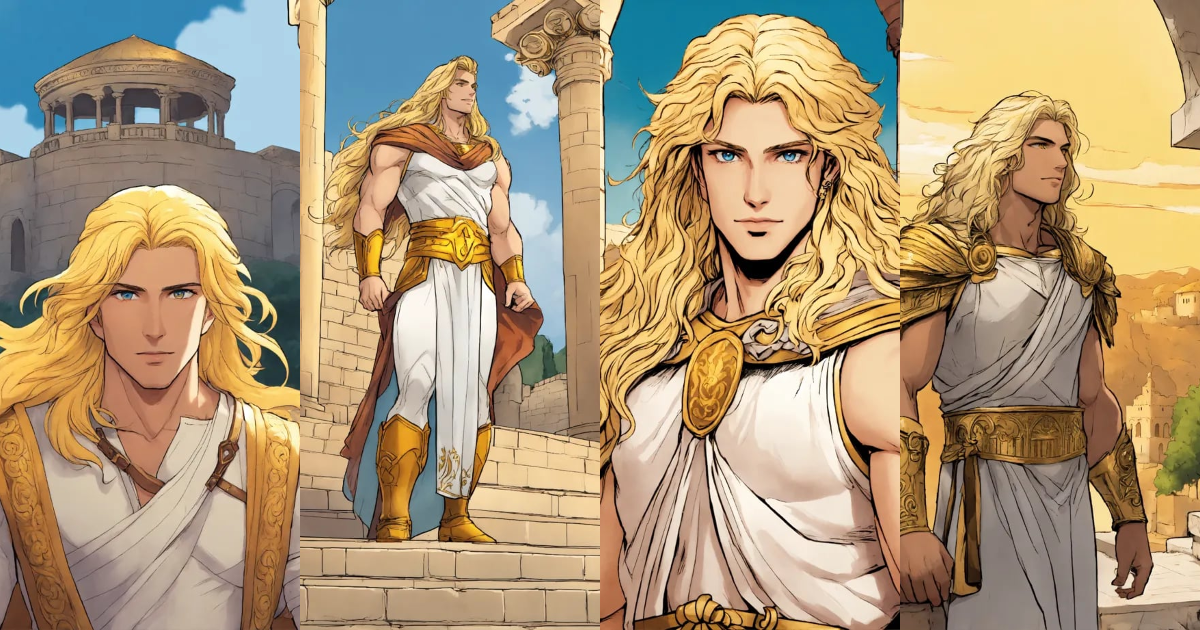 Lexica - A blonde long haired Apollo with yellow eyes at a greek castle ...