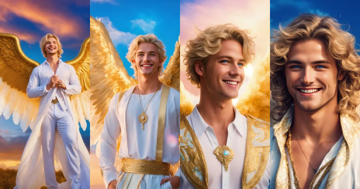 Lexica - Angel man blond blue eyes, large angel wings, fantasy clothes ...