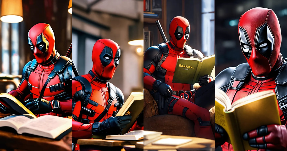 Lexica - Deadpool wearing glasses reading a book, unreal engine render, 8k