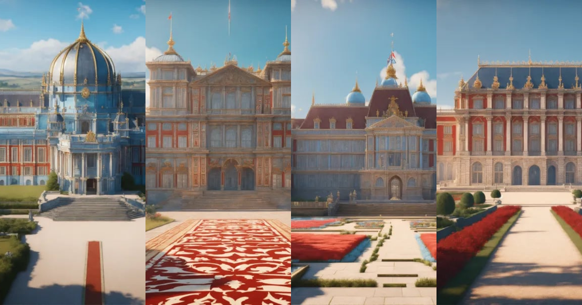 Lexica - Full image of a massive royal palace with light blue and red ...