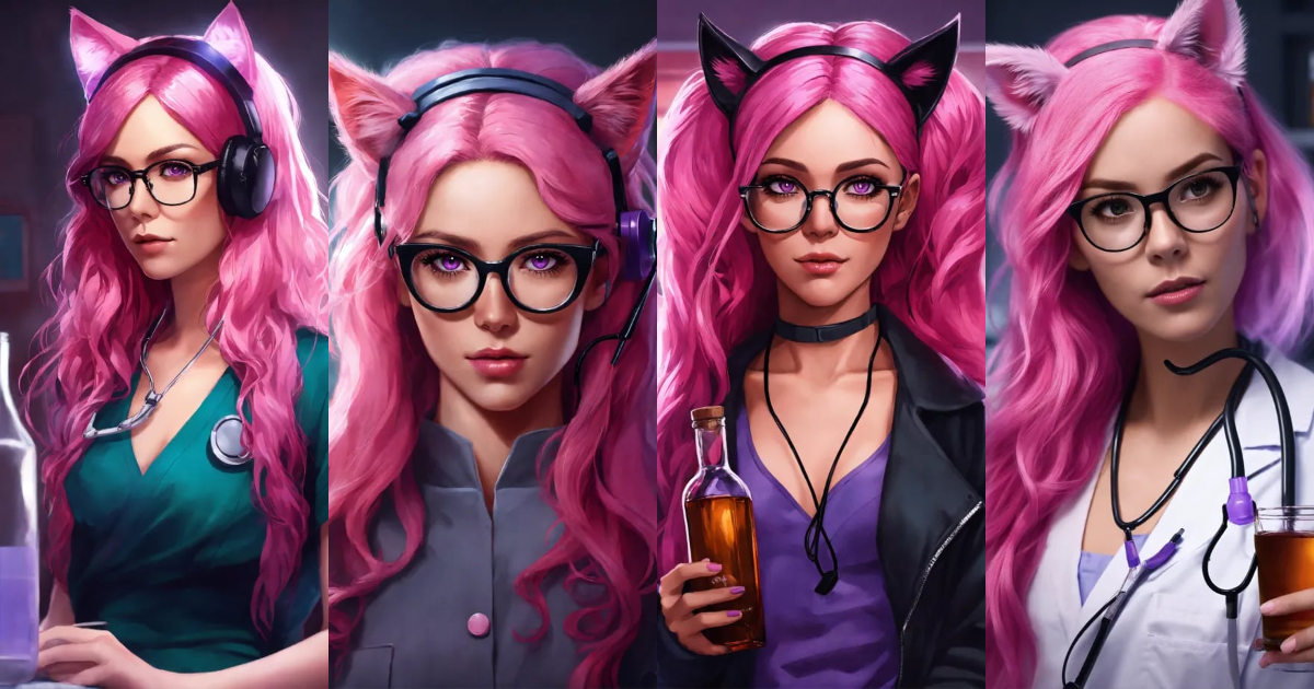 Lexica - Femme Surgeon, with long pink hair, with cat ears color black ...