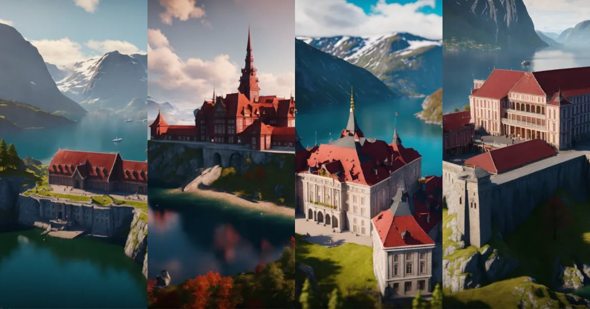 Lexica - Full image of a massive royal palace with a maroon roof on a cliff overlooking a Fjord ...