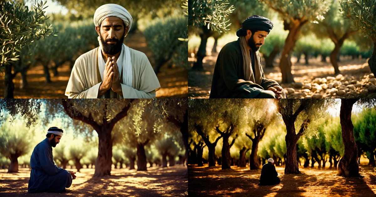 Lexica - Middle eastern man praying in a grove of olive trees, Pixar ...