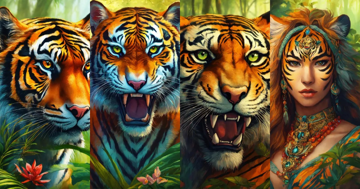 Lexica - Portrait of a fierce tiger from myth ridden by a woman. in a ...