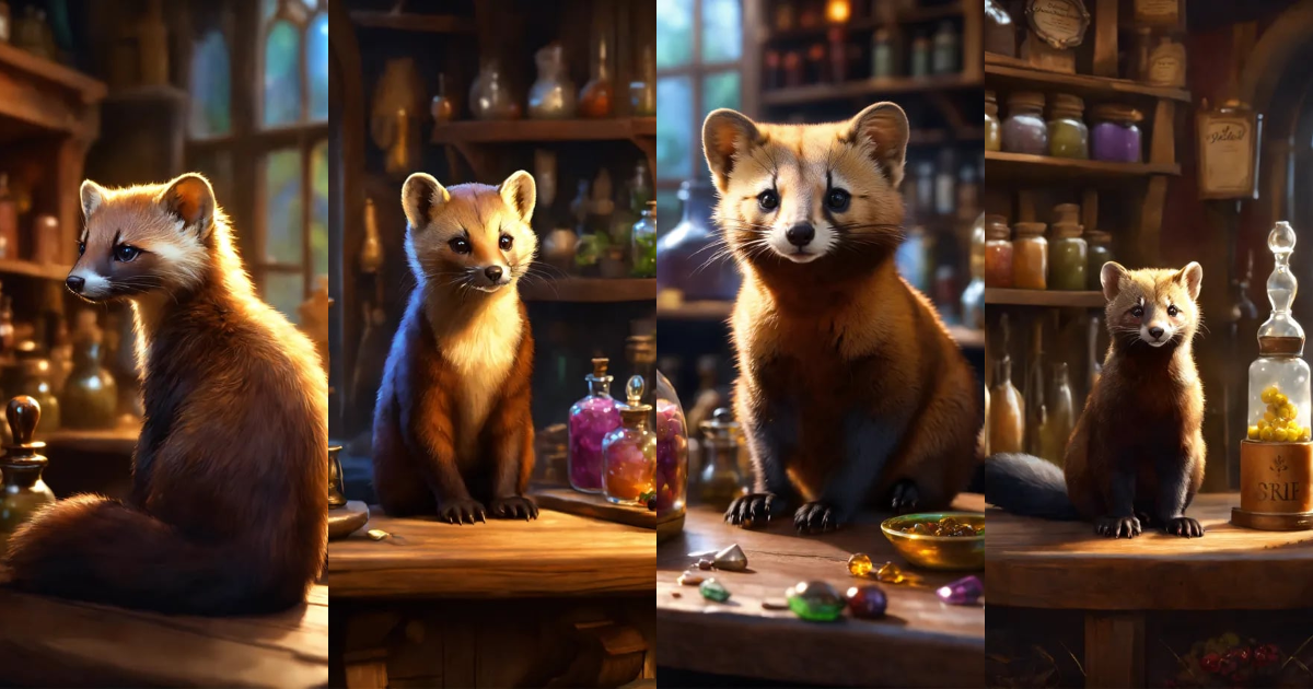 Lexica - Beautiful cute marten sitting on a counter in a potions and ...