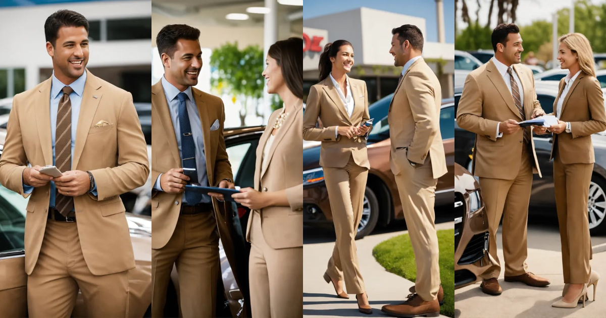 Lexica - Car salesman in a tan suit is talking happily to a sales women ...