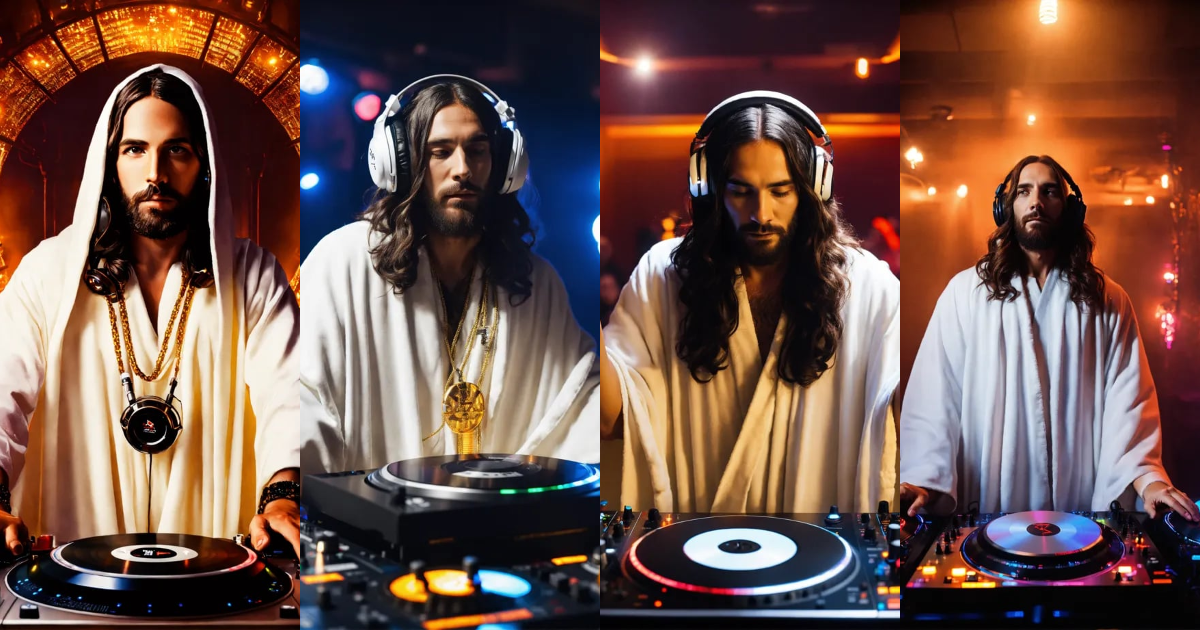 Lexica - Jesus christ with white robe celebrating Halloween in a club ...
