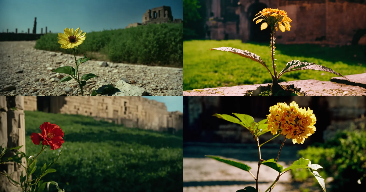 Lexica - A beautiful flower growing from ash in an ancient city, 35mm ...