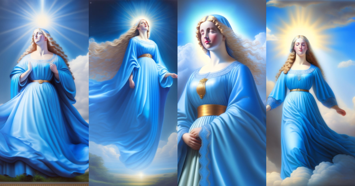 Lexica - The virgin mary in a blue dress looking at the sky, light, in ...