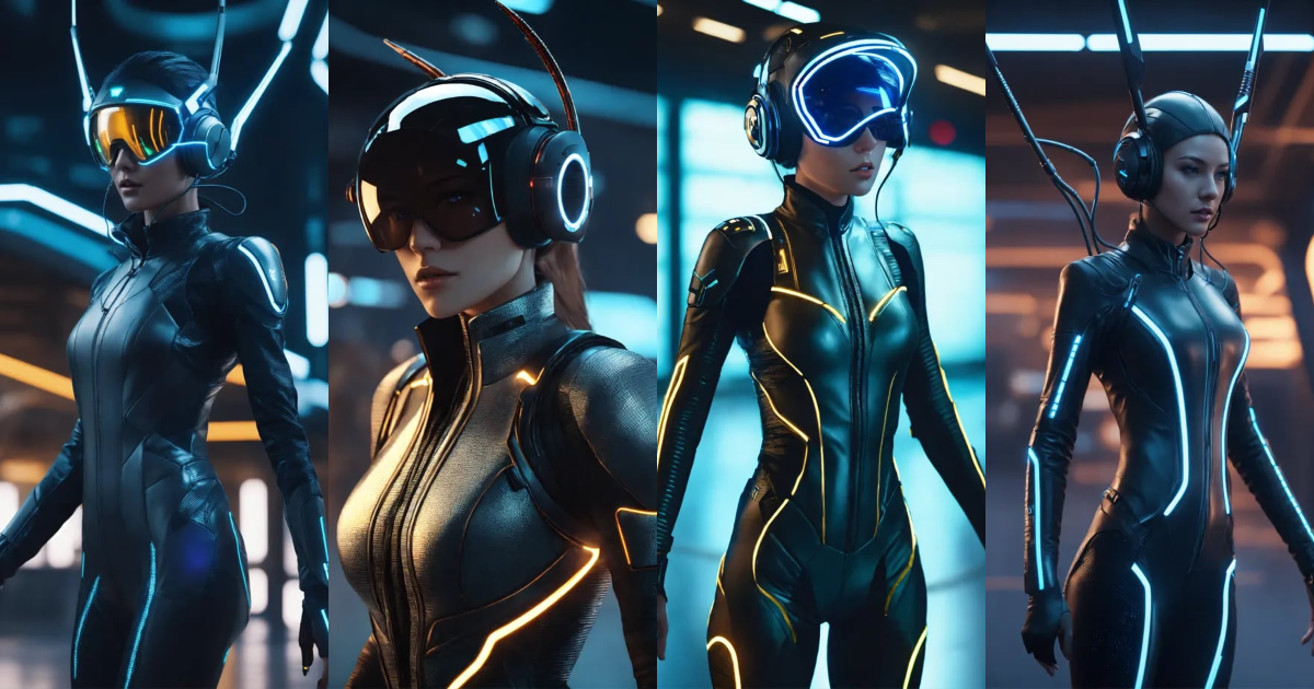 Lexica - Wide shot of a female super spy wearing a tight futuristic spy ...