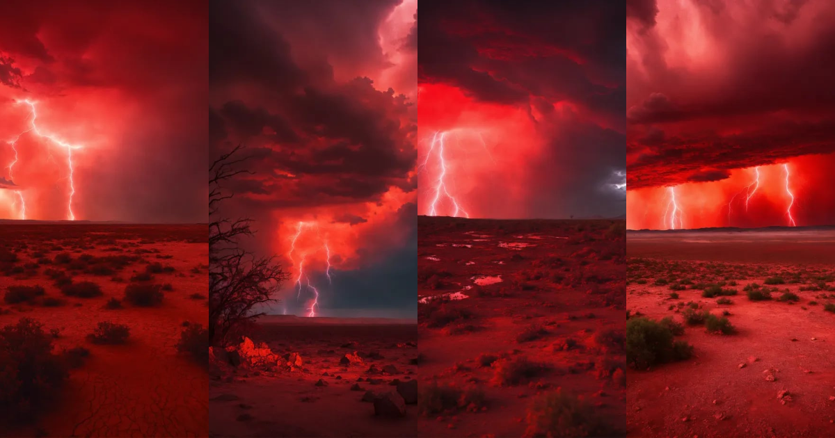 Lexica - Desolate wasteland illuminated by a red thunderstorm