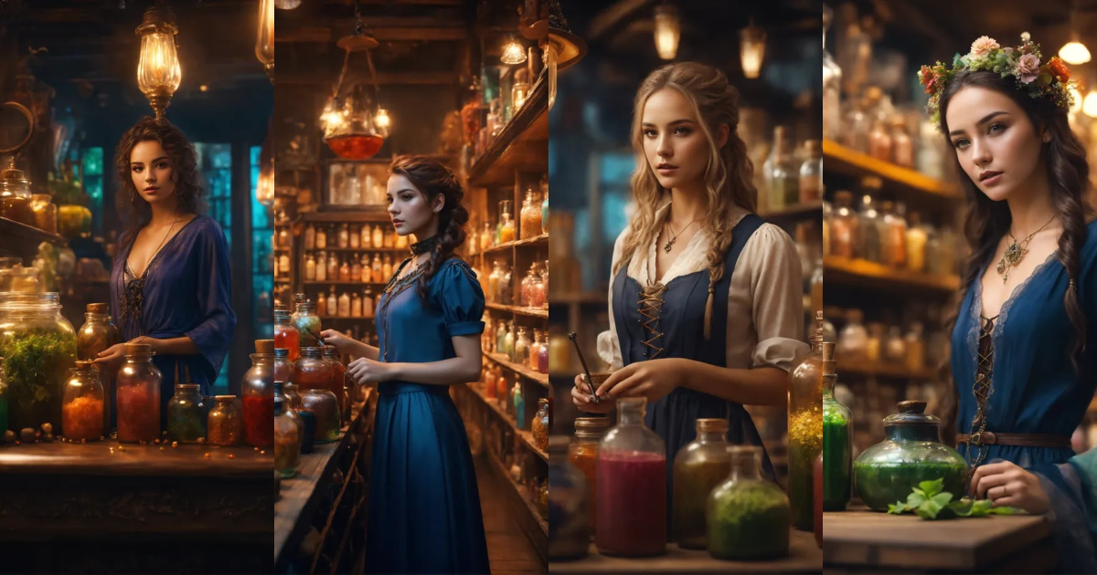 Lexica - Beautiful girl in a store awesome witch potions and potions ...