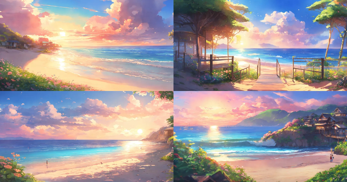 Lexica - Stunning beautiful random anime beach landscape, intricated ...