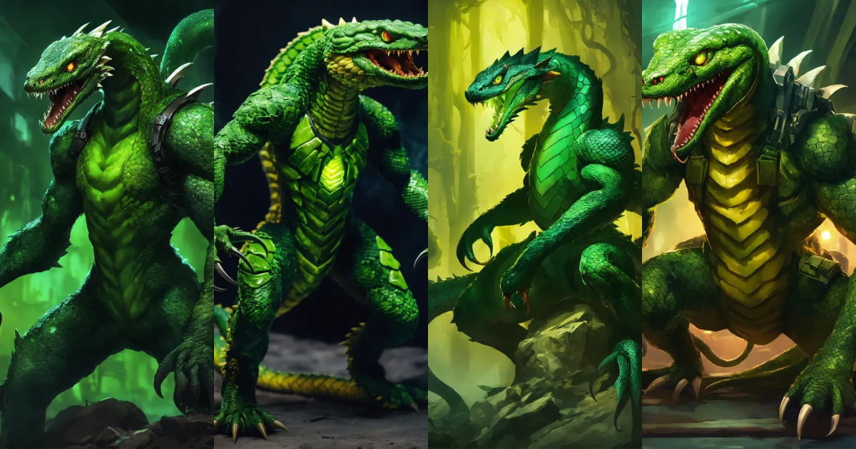 Lexica - A Bipedal Snake Monster with arms and leg, dark green scales ...